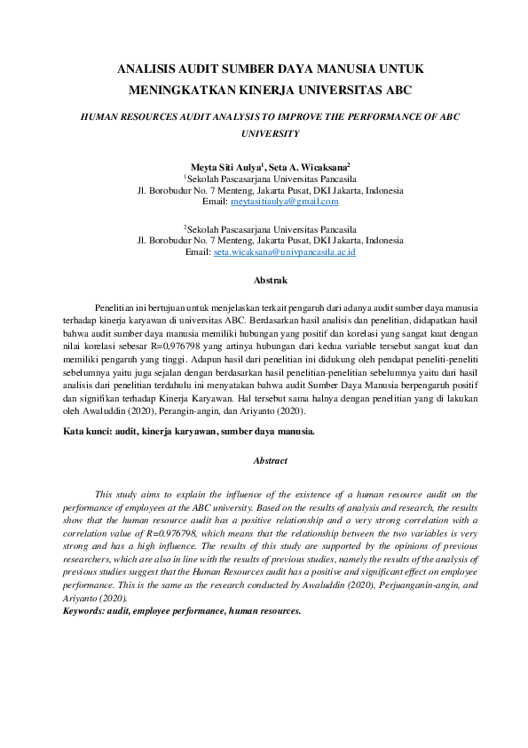 (PDF) ANALISIS AUDIT SUMBER DAYA MANUSIA UNTUK MENINGKATKAN KINERJA UNIVERSITAS ABC