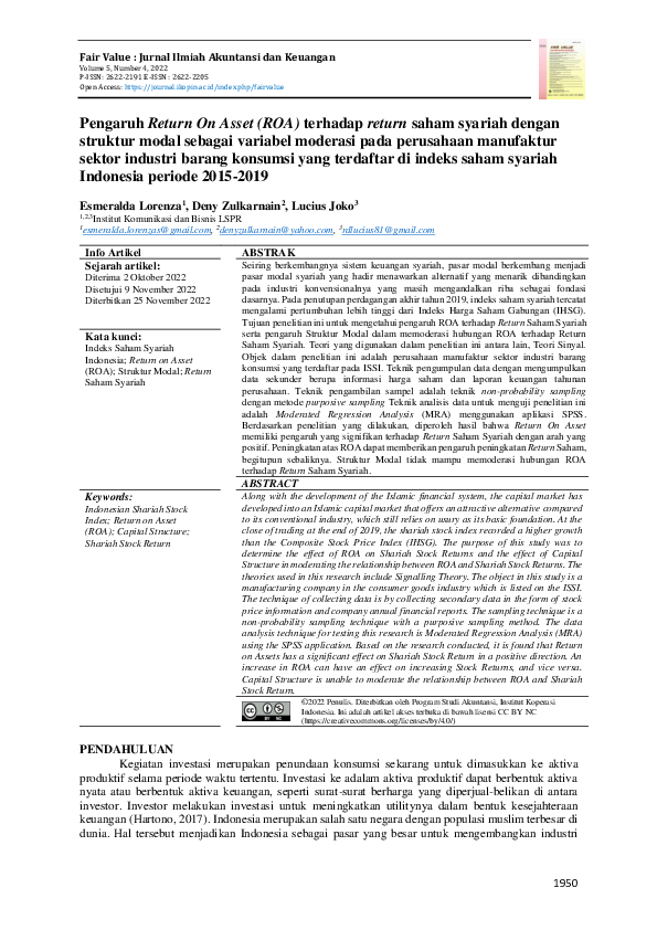 (PDF) Pengaruh Return On Asset (ROA) terhadap return saham syariah dengan struktur modal sebagai ...