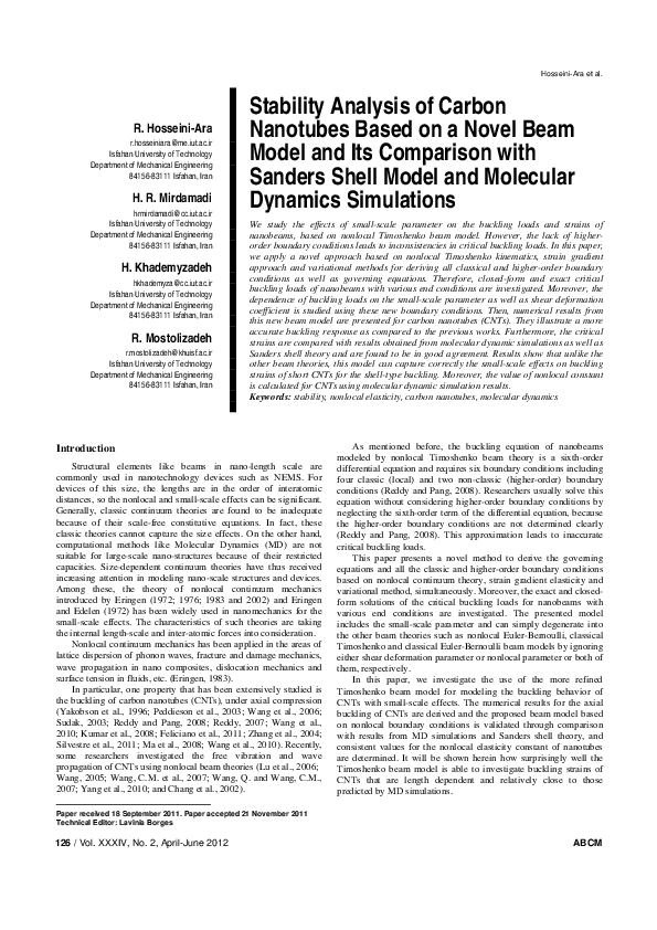 (PDF) Stability analysis of carbon nanotubes based on a novel beam model and its comparison with ...