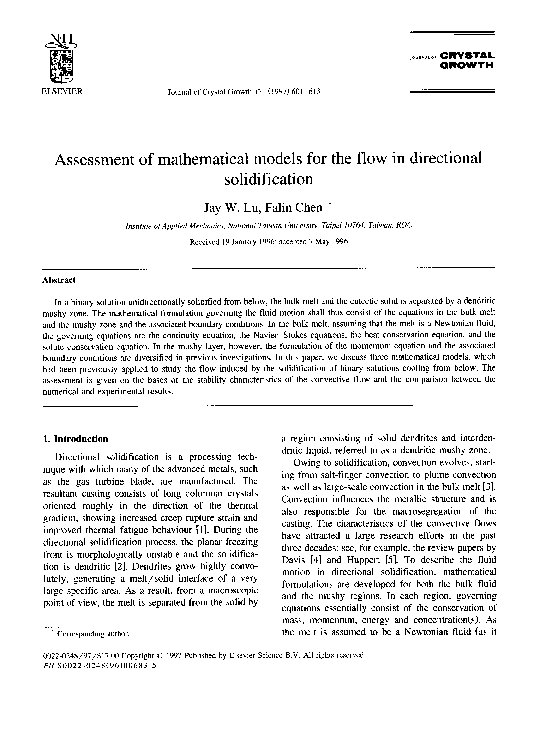 (PDF) Assessment of mathematical models for the flow in directional solidification