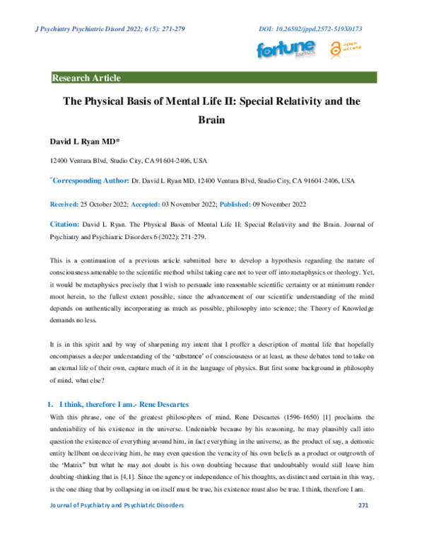 (PDF) The Physical Basis of Mental Life II: Special Relativity and the ...