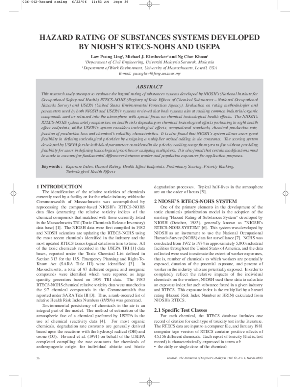 (PDF) Hazard Rating of Substances Systems Developed by NIOSH's RTECS ...