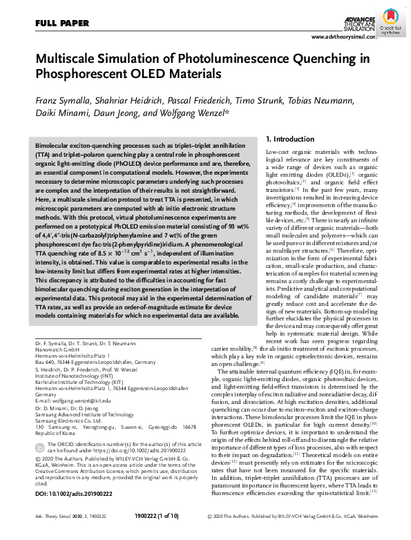(PDF) Multiscale Simulation of Photoluminescence Quenching in Phosphorescent OLED Materials