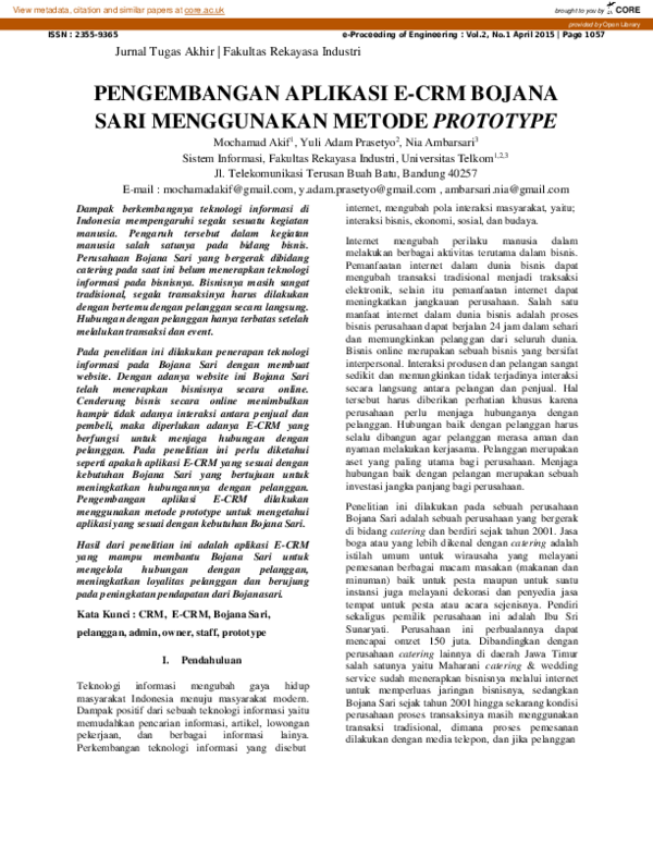(PDF) Pengembangan Aplikasi E-Crm Bojana Sari Menggunakan Metode Prototype