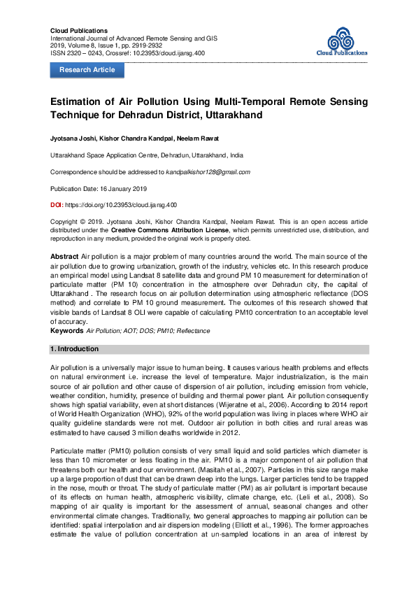 (PDF) Estimation of Air Pollution Using Multi-Temporal Remote Sensing ...