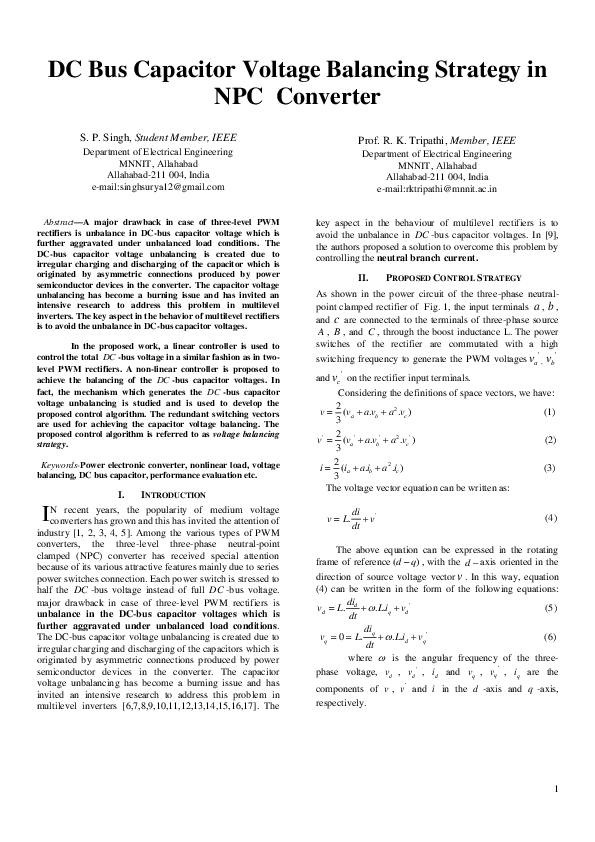 (PDF) DC Bus Capacitor Voltage Balancing Strategy in NPC Converter