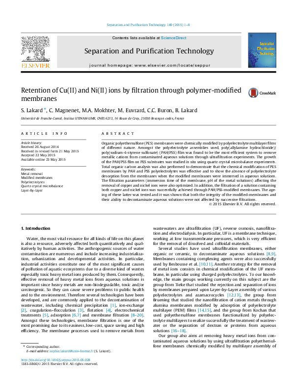 (PDF) Retention of Cu(II) and Ni(II) ions by filtration through polymer-modified membranes ...