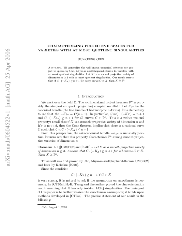 (PDF) Characterizing projective spaces for varieties with at most quotient singularities