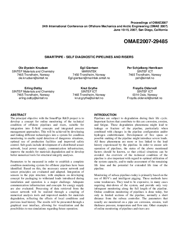 (PDF) SmartPipe: Self Diagnostic Pipelines and Risers
