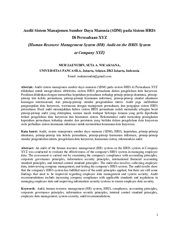 (DOC) Audit Sistem Manajemen Sumber Daya Manusia (SDM) pada Sistem HRIS Di Perusahaan XYZ