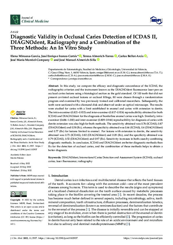 Pdf Diagnostic Validity In Occlusal Caries Detection Of Icdas Ii Diagnodent Radiography And