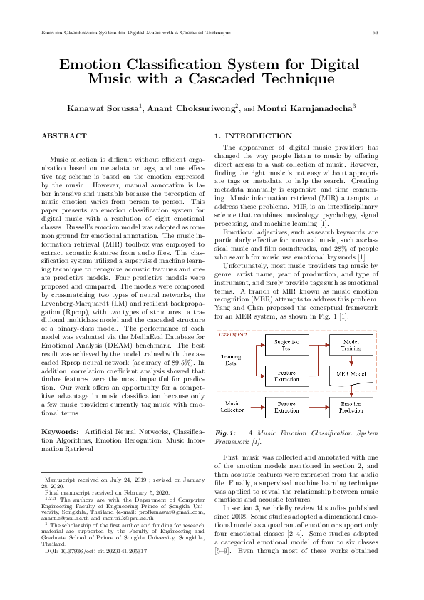 (PDF) Emotion Classification System for Digital Music with a Cascaded Technique