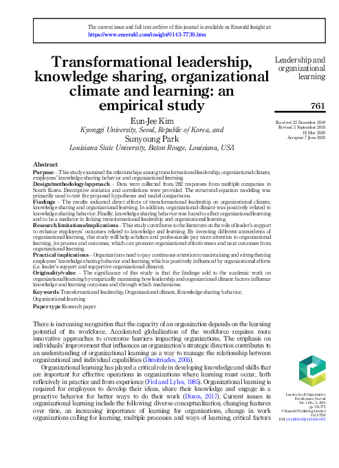 (PDF) Transformational leadership, knowledge sharing, organizational climate and learning: an ...