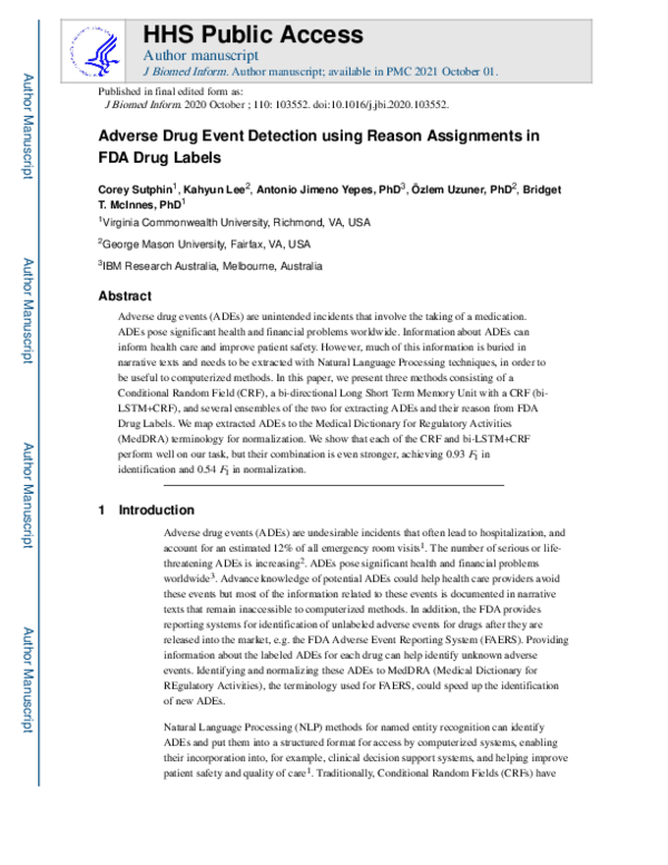 Pdf Adverse Drug Event Detection Using Reason Assignments In Fda Drug