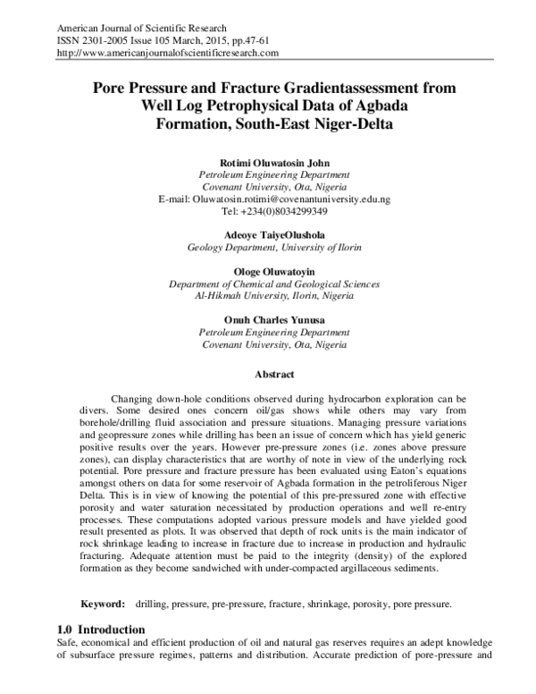 (PDF) Pore Pressure and Fracture Gradientassessment fromWell Log Petrophysical Data of ...