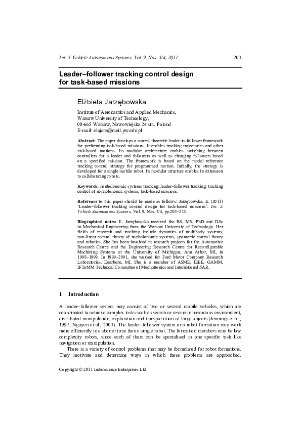 (PDF) Leader follower tracking control design for task-based missions