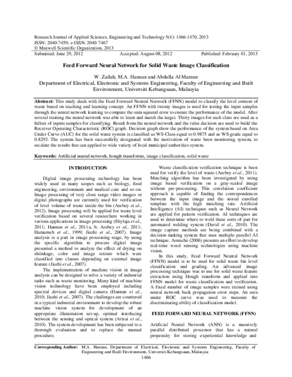 (PDF) Feed Forward Neural Network for Solid Waste Image Classification