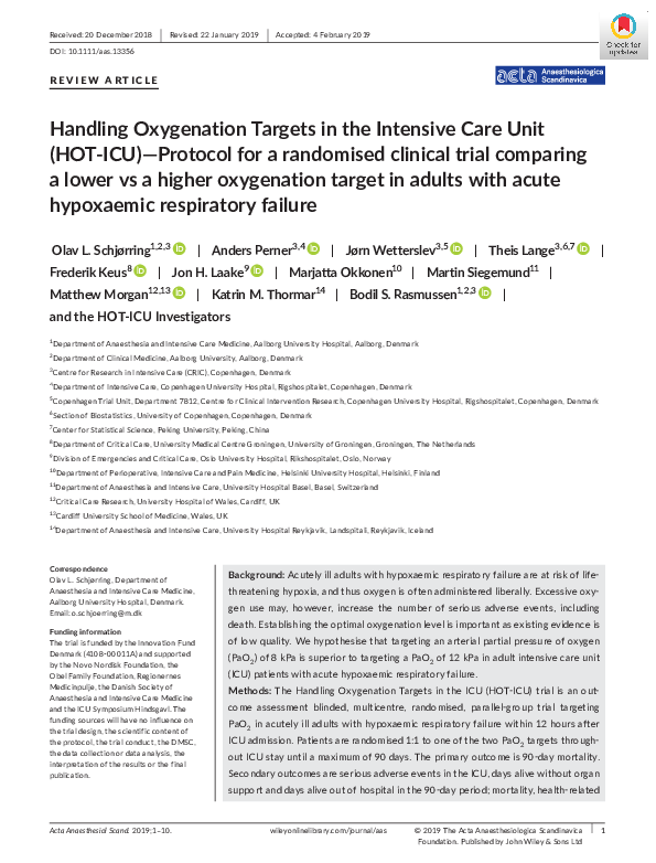 (PDF) Handling Oxygenation Targets in the Intensive Care Unit (HOT‐ICU ...