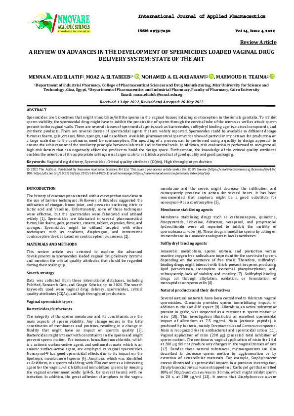 Pdf A Review On Advances In The Development Of Spermicides Loaded