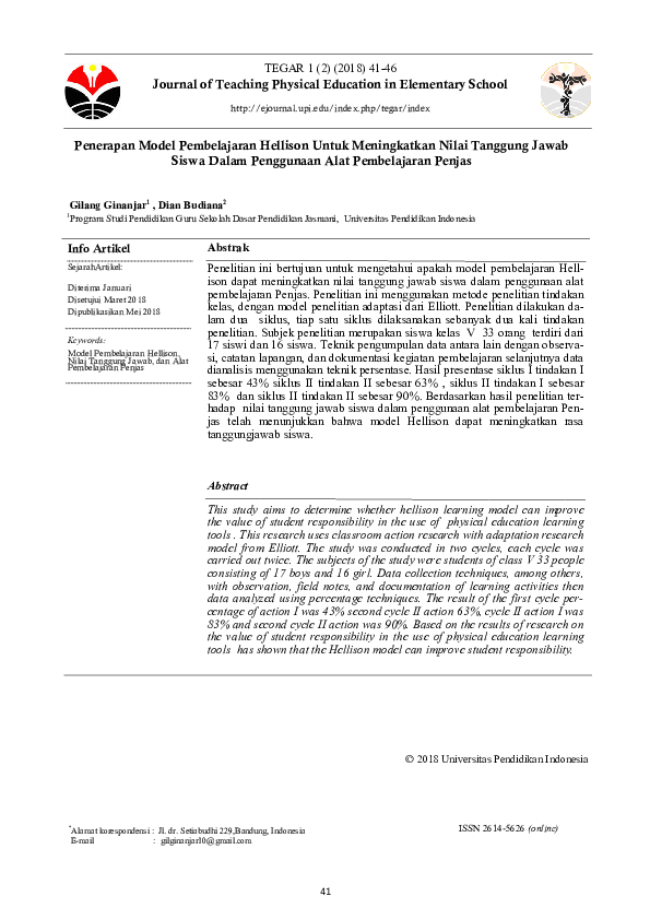 (PDF) Penerapan Model Pembelajaran Hellison Untuk Meningkatkan Nilai ...