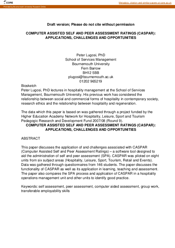 (PDF) Draft version; Please do not cite without permission COMPUTER ASSISTED SELF AND PEER ...