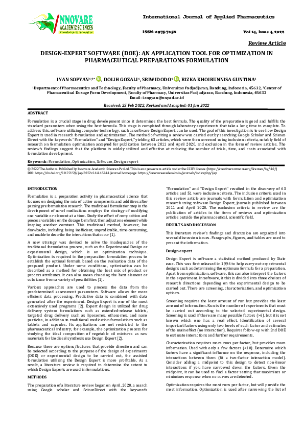 (PDF) DESIGN-EXPERT SOFTWARE (DOE): AN APPLICATION TOOL FOR OPTIMIZATION IN PHARMACEUTICAL ...