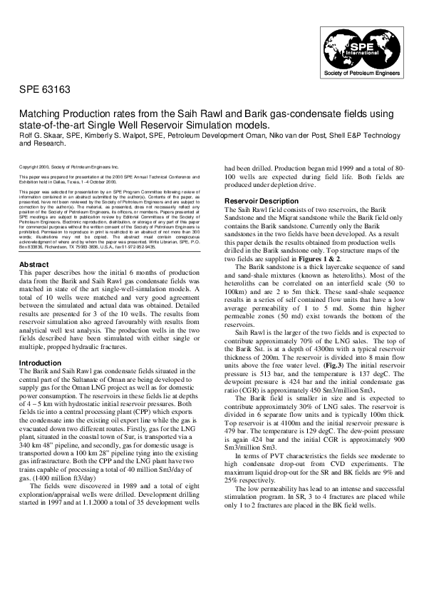 (PDF) SPE 63163 Matching Production rates from the Saih Rawl and Barik ...