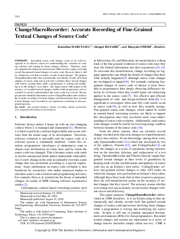 (PDF) ChangeMacroRecorder: Accurate Recording of Fine-Grained Textual Changes of Source Code