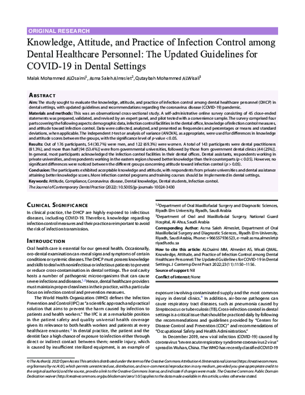 (PDF) Knowledge, Attitude, and Practice of Infection Control among ...