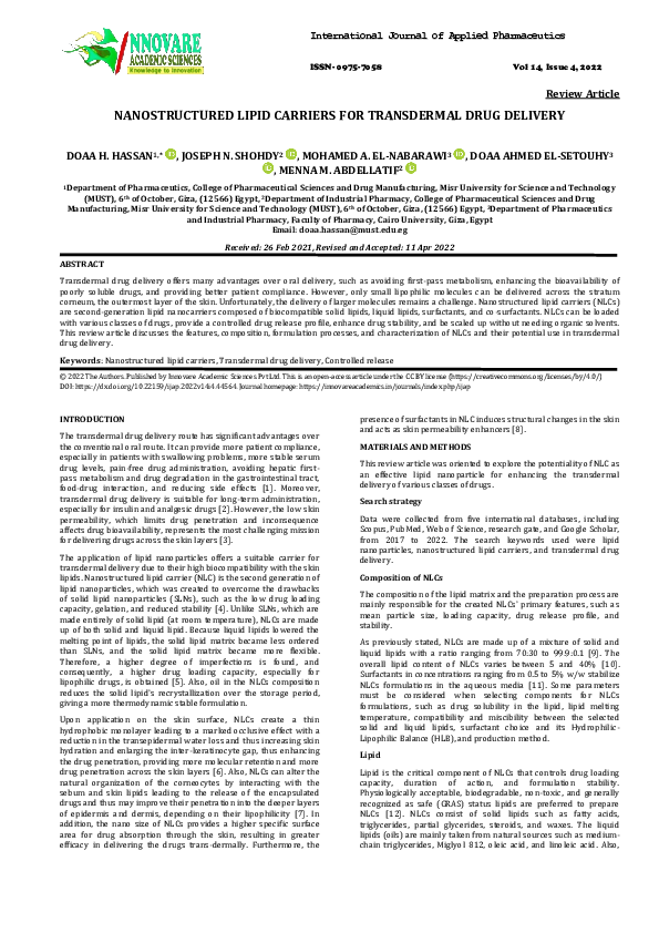 Pdf Nanostructured Lipid Carriers For Transdermal Drug Delivery