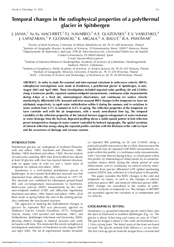 (PDF) Temporal changes in the radiophysical properties of a polythermal glacier in Spitsbergen ...