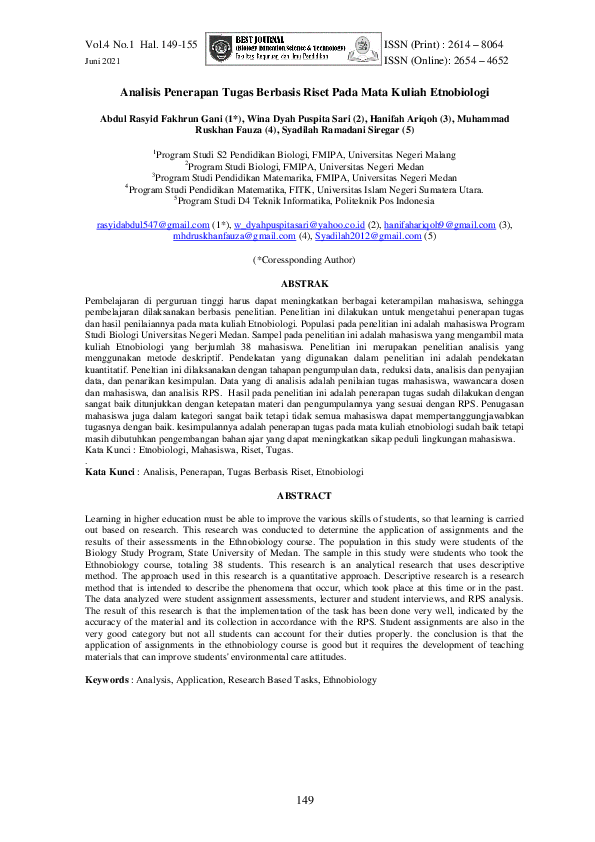 (PDF) Analisis Penerapan Tugas Berbasis Riset Pada Mata Kuliah Etnobiologi