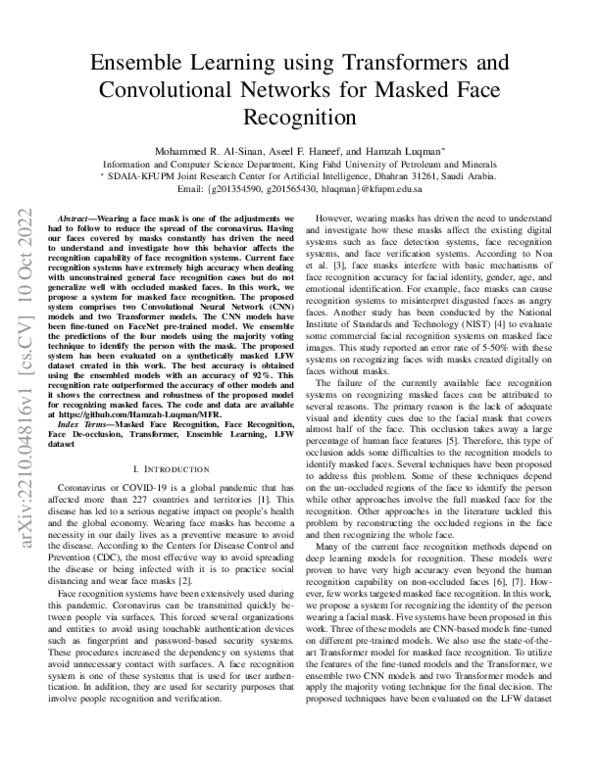 Pdf Ensemble Learning Using Transformers And Convolutional Networks For Masked Face Recognition
