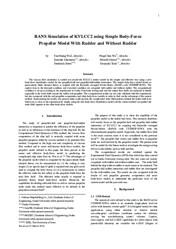 (PDF) RANS Simulation of KVLCC2 using Simple Body-Force Propeller Model With Rudder and Without ...
