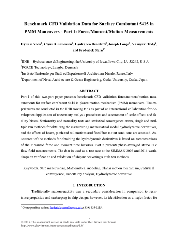 Pdf Benchmark Cfd Validation Data For Surface Combatant 5415 In Pmm Maneuvers Part I Force