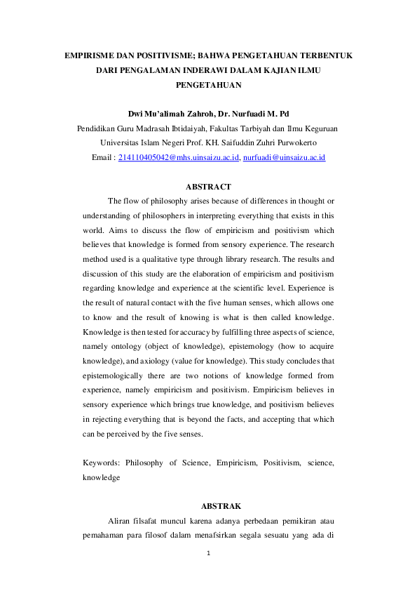 (PDF) EMPIRISME DAN POSITIVISME; BAHWA PENGETAHUAN TERBENTUK DARI ...