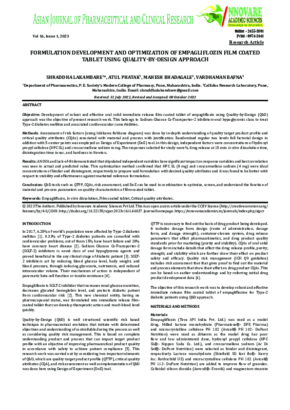 (PDF) FORMULATION DEVELOPMENT AND OPTIMIZATION OF EMPAGLIFLOZIN FILM ...