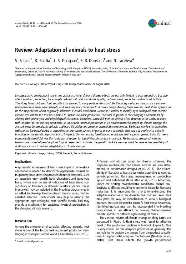 (PDF) Review: Adaptation of animals to heat stress