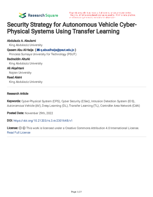 (PDF) Security Strategy for Autonomous Vehicle Cyber-Physical Systems Using Transfer Learning