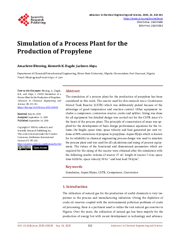 (PDF) Simulation of a Process Plant for the Production of Propylene