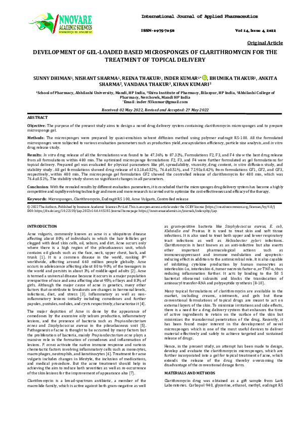 (PDF) DEVELOPMENT OF GEL-LOADED BASED MICROSPONGES OF CLARITHROMYCIN ...