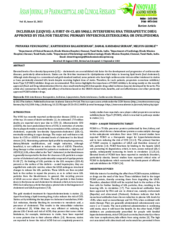 (PDF) INCLISIRAN (LEQVIO): A FIRST-IN-CLASS SMALL INTERFERING RNA ...