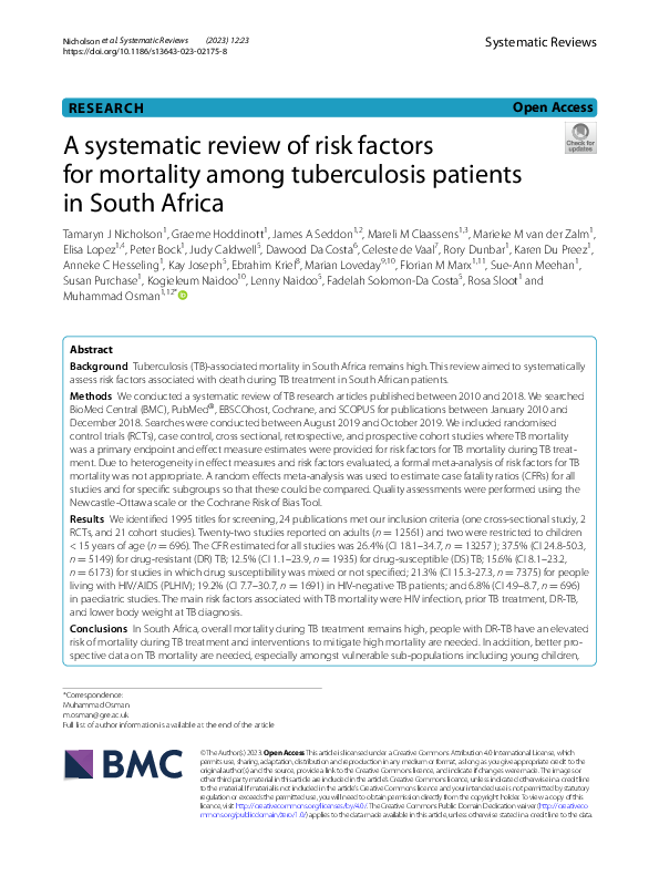 (PDF) A systematic review of risk factors for mortality among tuberculosis patients in South Africa