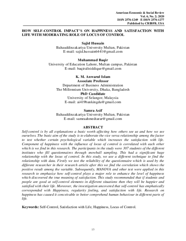 (PDF) How Self-Control Impact’s on Happiness and Satisfaction with Life ...