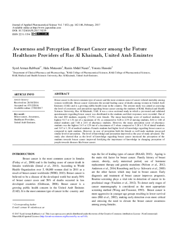 (PDF) Awareness and Perception of Breast Cancer among the Future ...