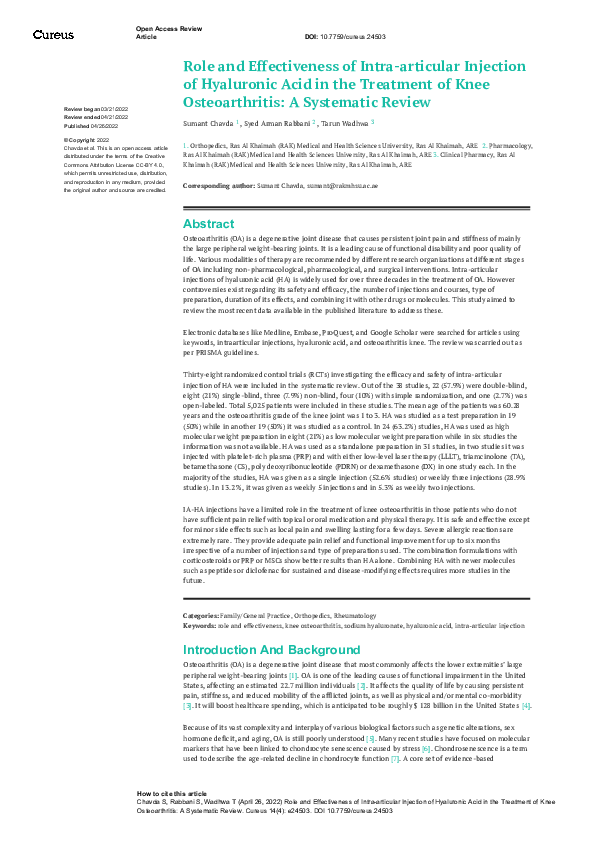 (PDF) Role and Effectiveness of Intra-articular Injection of Hyaluronic Acid in the Treatment of ...