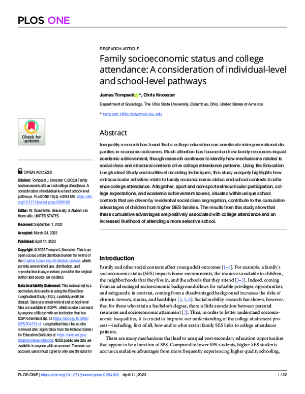 (PDF) Family socioeconomic status and college attendance: A ...