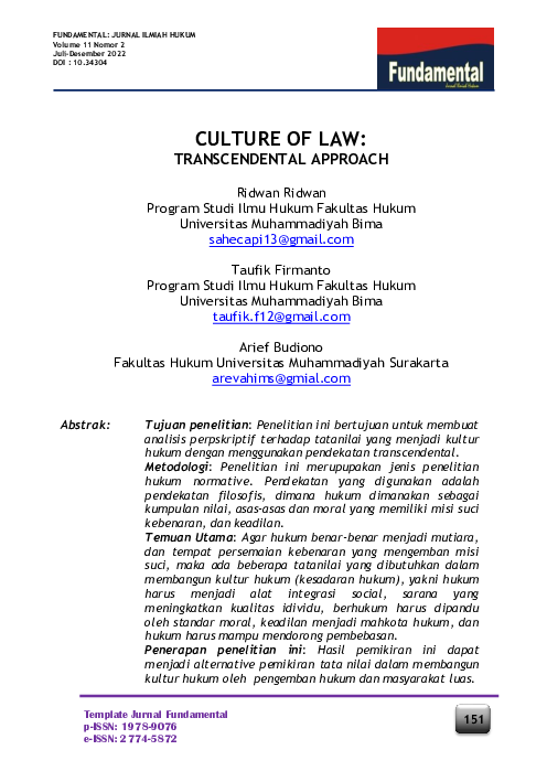 (PDF) Culture Of Law: Transcendental Approach