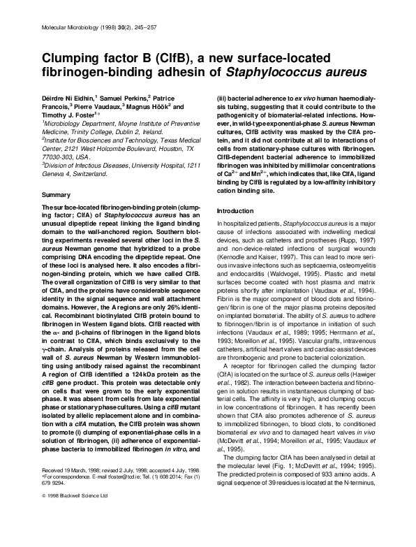 (PDF) Clumping factor B (ClfB), a new surface-located fibrinogen ...