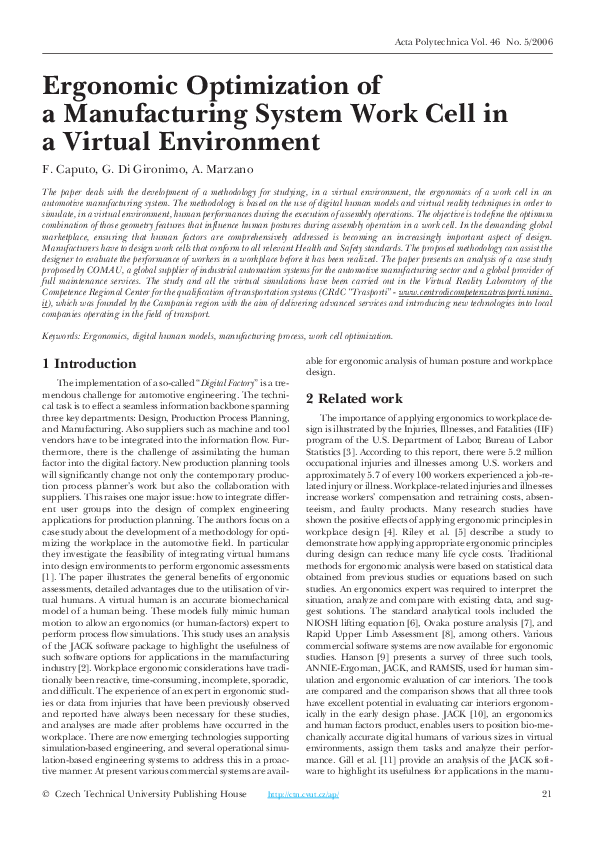 (PDF) Ergonomic Optimization of a Manufacturing System Work Cell in a Virtual Environment
